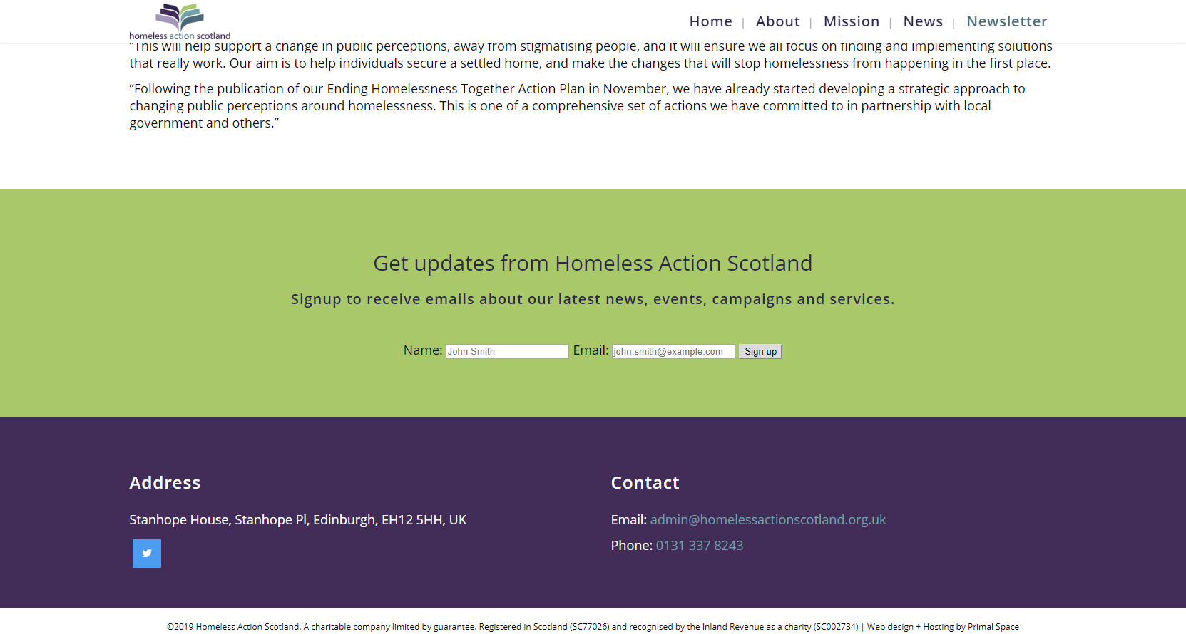 Homeless Action Scotland Website Design - Primal Space